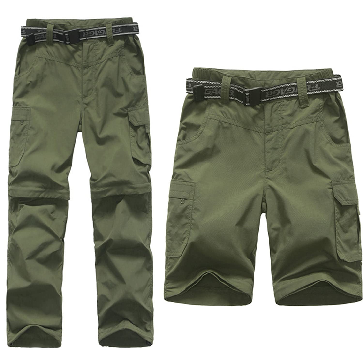 JOMLUN Boys Hiking Pants Kids Cargo Outdoor Casual Camping Pants Quick Dry Convertible Zip Off Trousers Army Green