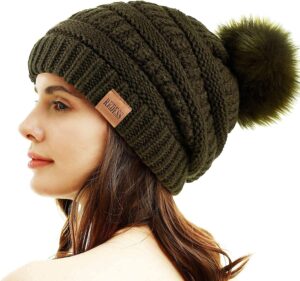 redess women winter pom pom beanie hat with warm fleece lined, dark green