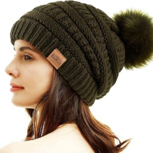 REDESS Women Winter Pom Pom Beanie Hat with Warm Fleece Lined, Dark Green