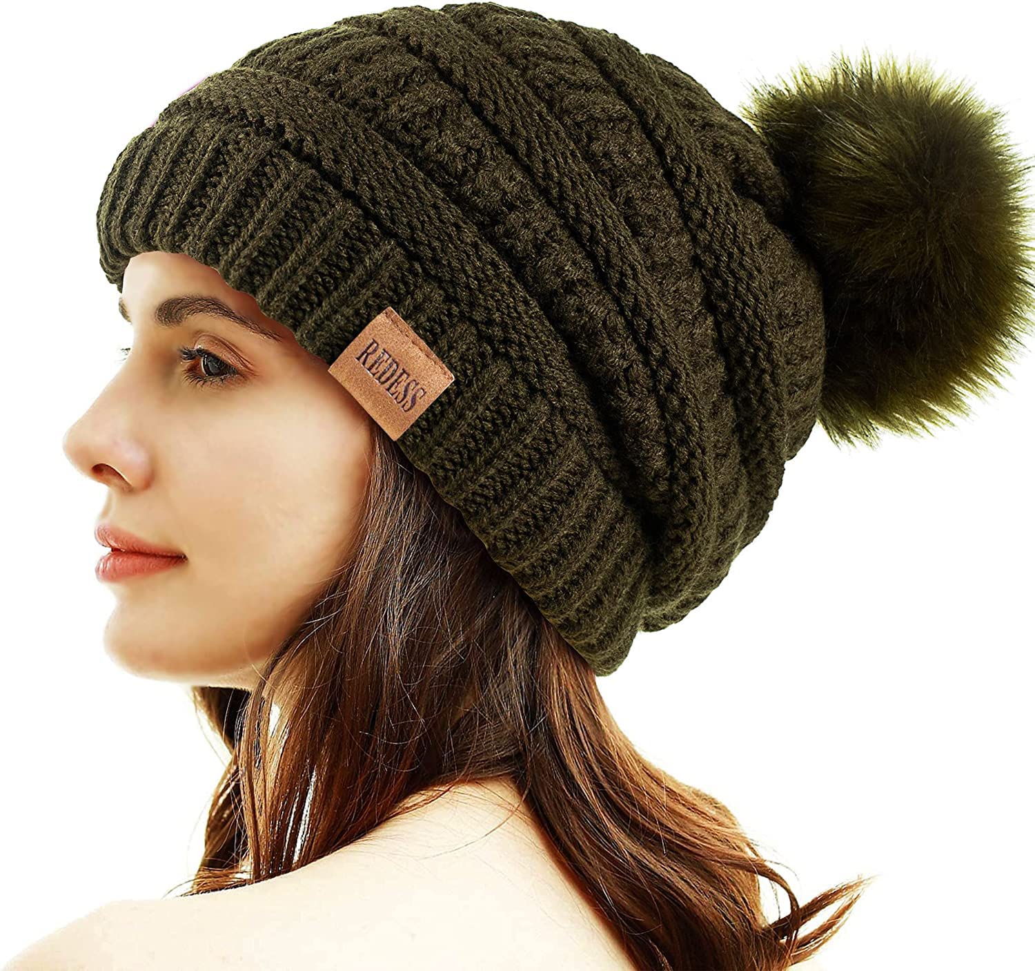 REDESS Women Winter Pom Pom Beanie Hat with Warm Fleece Lined, Dark Green