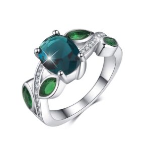 madeone 18k white gold plating excellent cut cz stone rainbow gemstone topaz & emerald ring wedding engagement ring for women with box packing size 6-10 (peacock blue, 9)