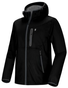 little donkey andy men's lightweight hooded softshell jacket for running travel hiking, windproof, water repellent black size l