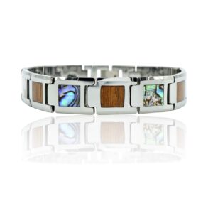 tungsten koa wood and abalone link bracelet