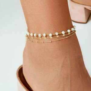 Women Dainty Anklet,14K Gold Plated Satellite Anklet Double Layered Cute Beads Chain Tassel Coin Disc Heart Summer Ankle Bracelet Boho Beach Foot Chain