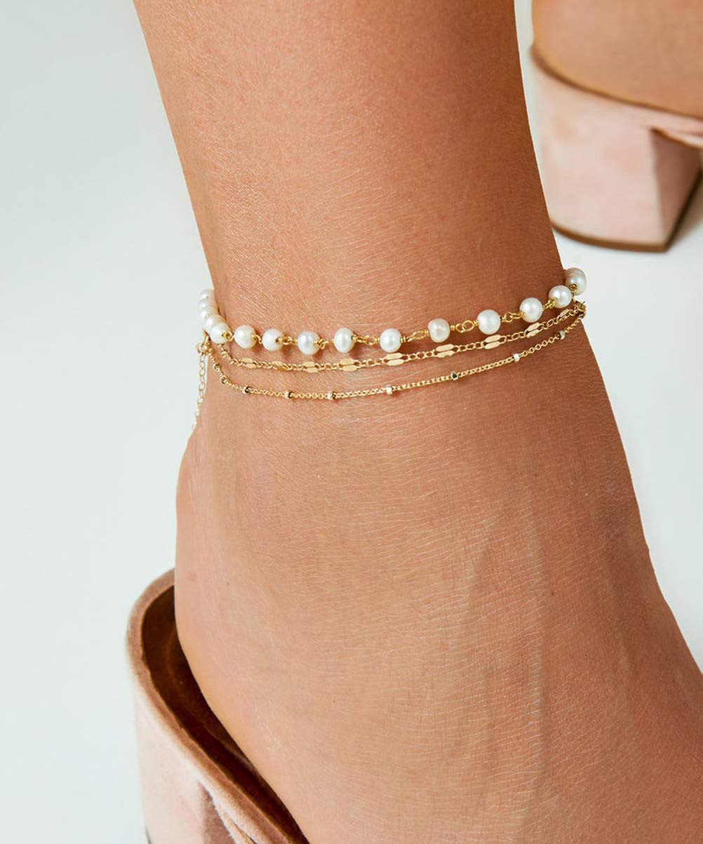 Women Dainty Anklet,14K Gold Plated Satellite Anklet Double Layered Cute Beads Chain Tassel Coin Disc Heart Summer Ankle Bracelet Boho Beach Foot Chain