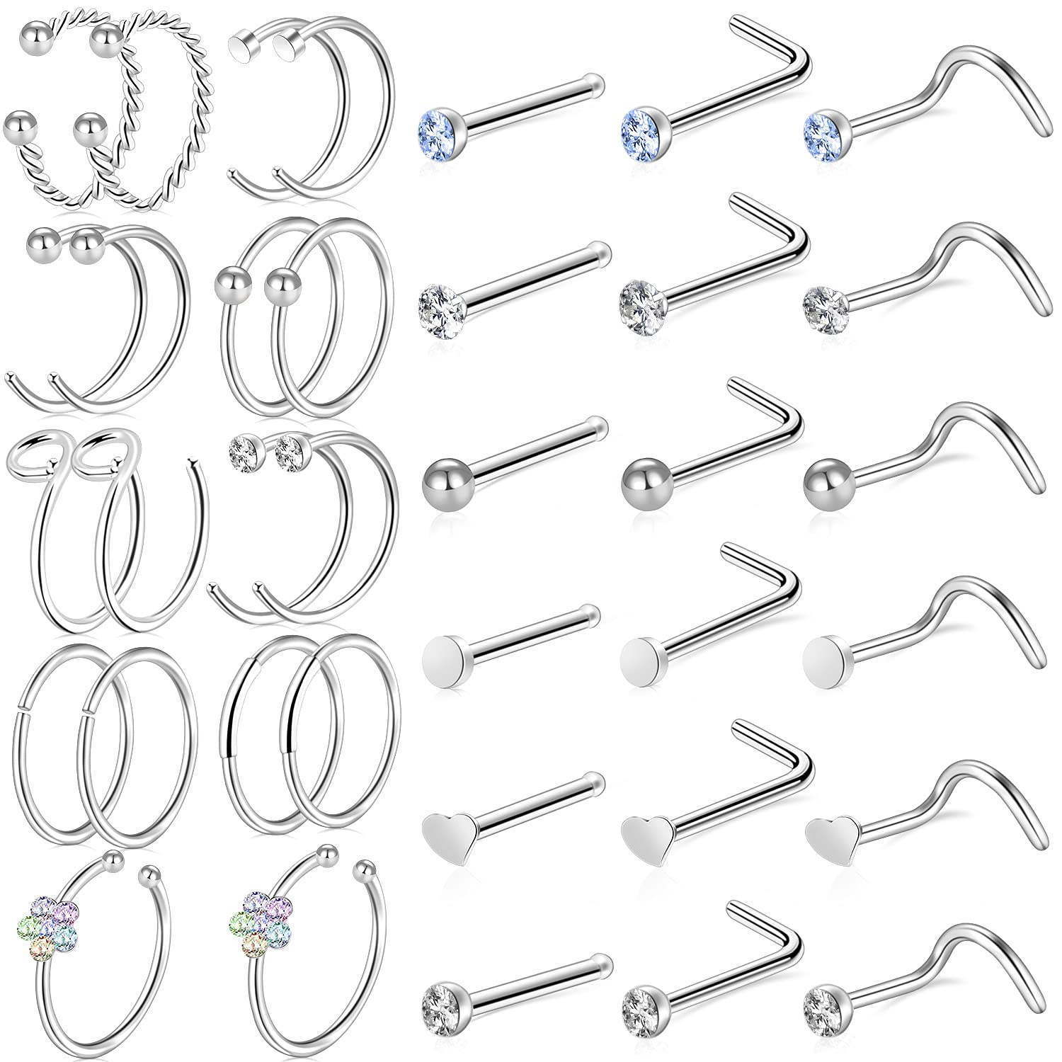 ONESING 36 Pcs Nose Rings for Women Nose Piercings Jewelry Nose Studs 20G Nose Rings Hoop Screw Stainless Steel for Women Men