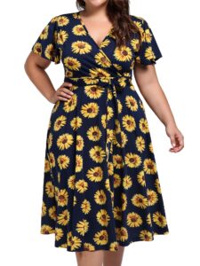 kissmay plus size midi dress,floral casual dresses with pockets spring&summer dress for women 70s plus mid-length dress for cocktail party a line swing dresses with belted v neck blue yellow 24 plusl