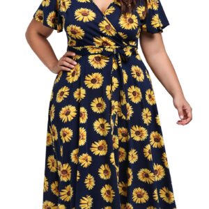 kissmay Plus Size Midi Dress,Floral Casual Dresses with Pockets Spring&Summer Dress for Women 70s Plus Mid-Length Dress for Cocktail Party A Line Swing Dresses with Belted V Neck Blue Yellow 24 PlusL