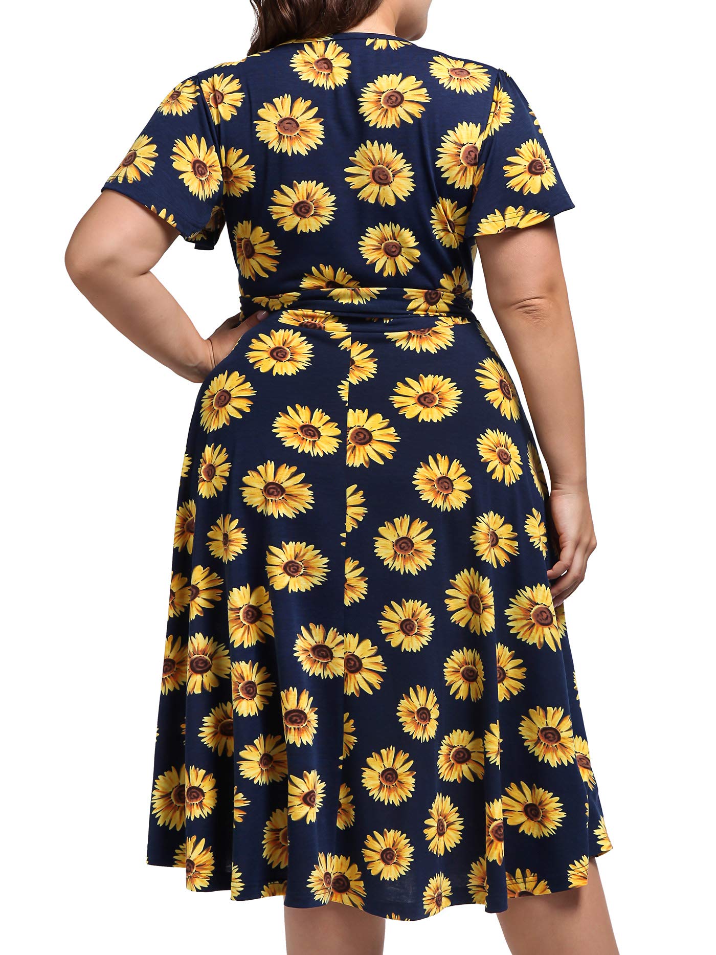 kissmay Plus Size Midi Dress,Floral Casual Dresses with Pockets Spring&Summer Dress for Women 70s Plus Mid-Length Dress for Cocktail Party A Line Swing Dresses with Belted V Neck Blue Yellow 24 PlusL