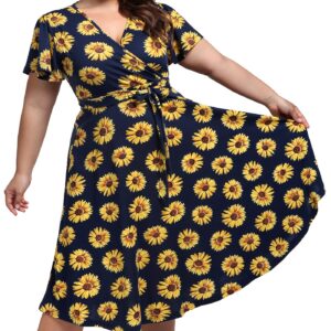 kissmay Plus Size Midi Dress,Floral Casual Dresses with Pockets Spring&Summer Dress for Women 70s Plus Mid-Length Dress for Cocktail Party A Line Swing Dresses with Belted V Neck Blue Yellow 24 PlusL