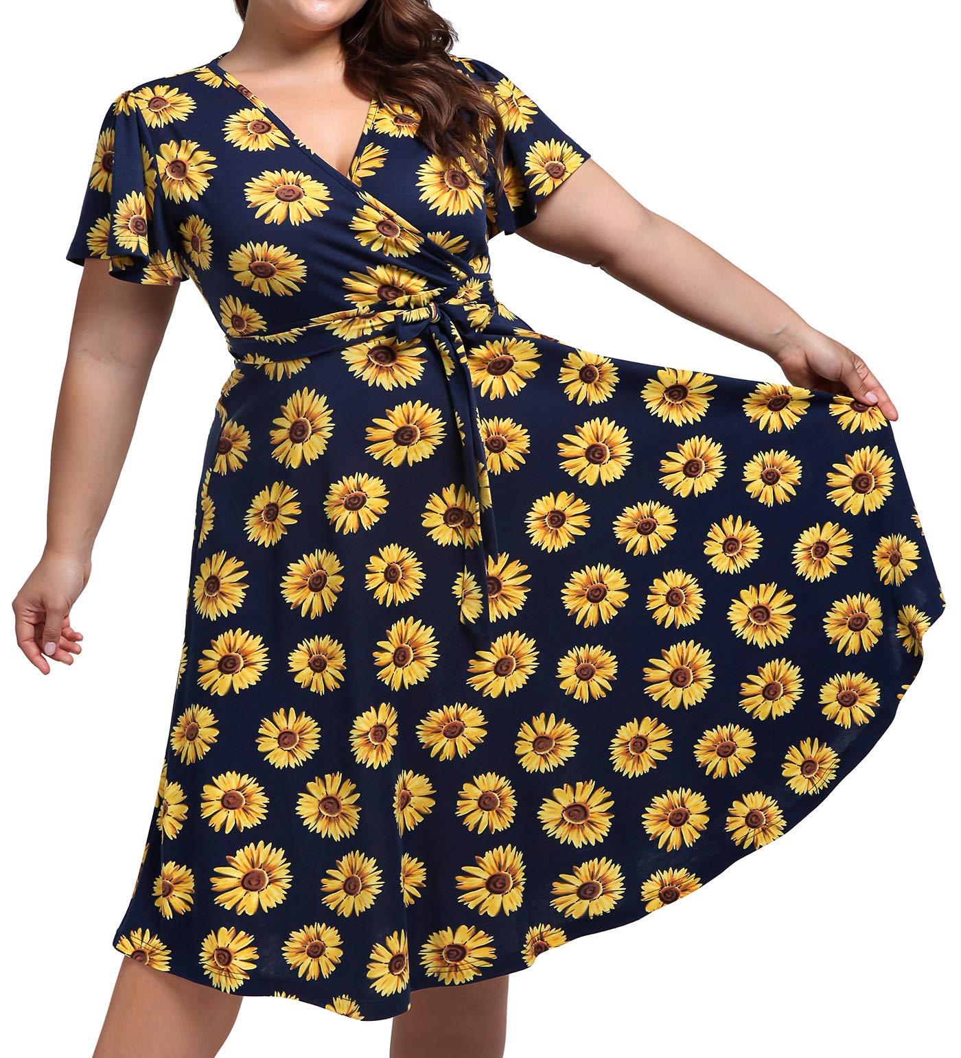 kissmay Plus Size Midi Dress,Floral Casual Dresses with Pockets Spring&Summer Dress for Women 70s Plus Mid-Length Dress for Cocktail Party A Line Swing Dresses with Belted V Neck Blue Yellow 24 PlusL