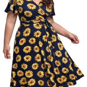 kissmay Plus Size Midi Dress,Floral Casual Dresses with Pockets Spring&Summer Dress for Women 70s Plus Mid-Length Dress for Cocktail Party A Line Swing Dresses with Belted V Neck Blue Yellow 24 PlusL