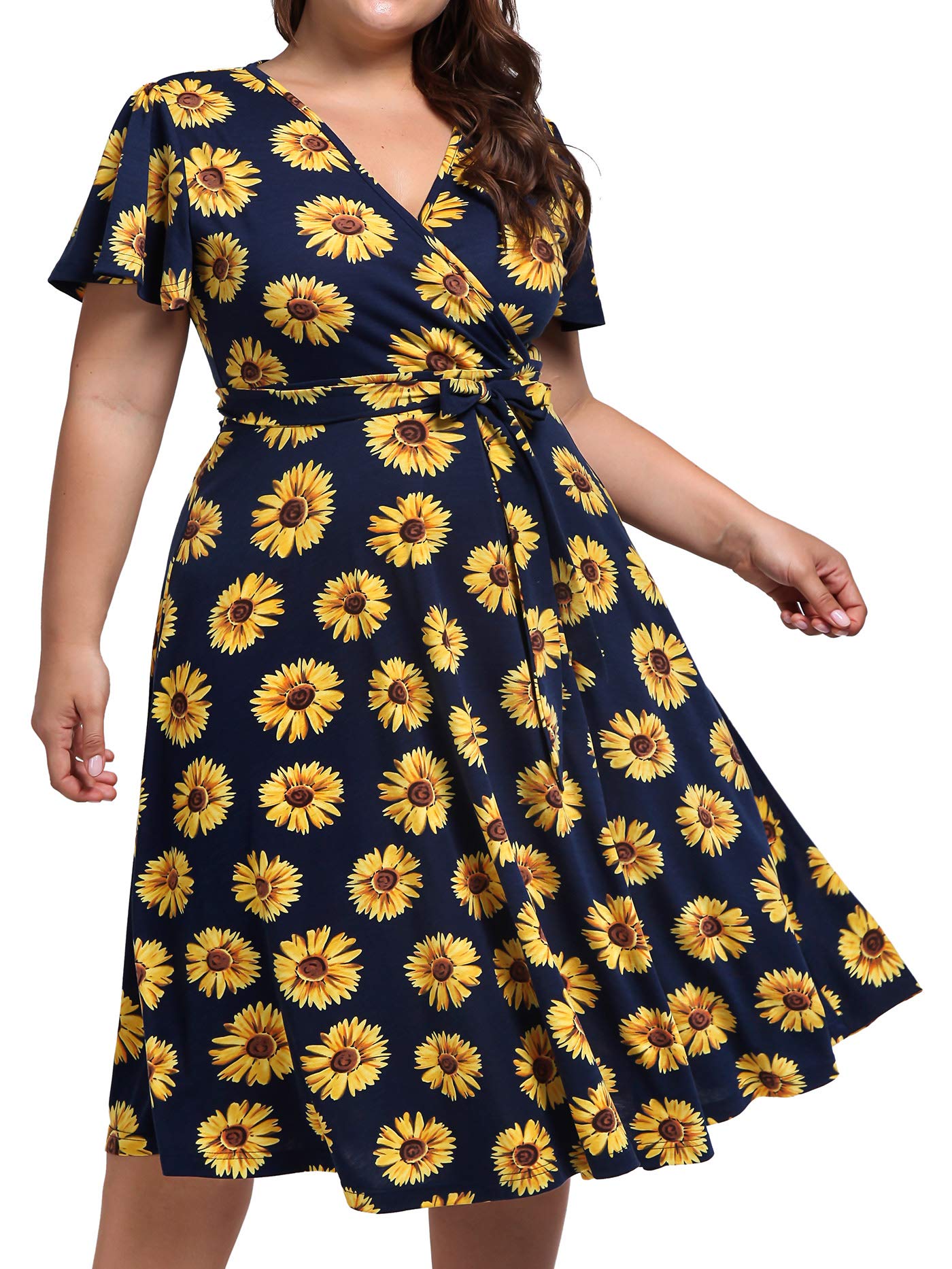 kissmay Plus Size Midi Dress,Floral Casual Dresses with Pockets Spring&Summer Dress for Women 70s Plus Mid-Length Dress for Cocktail Party A Line Swing Dresses with Belted V Neck Blue Yellow 24 PlusL