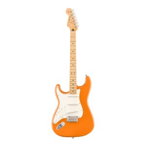 fender player stratocaster sss electric guitar, capri orange, maple fingerboard, left-handed