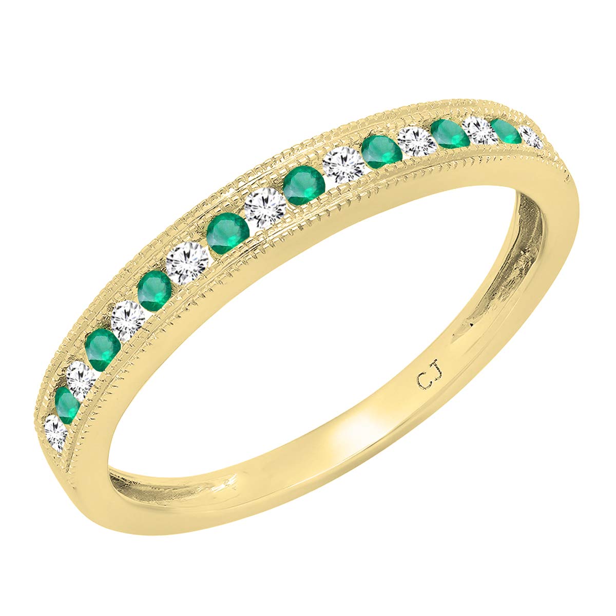 Dazzlingrock Collection Round Emerald & Diamond Ladies Millgrain Anniversary Wedding Stackable Band, 14K Yellow Gold, Size 7