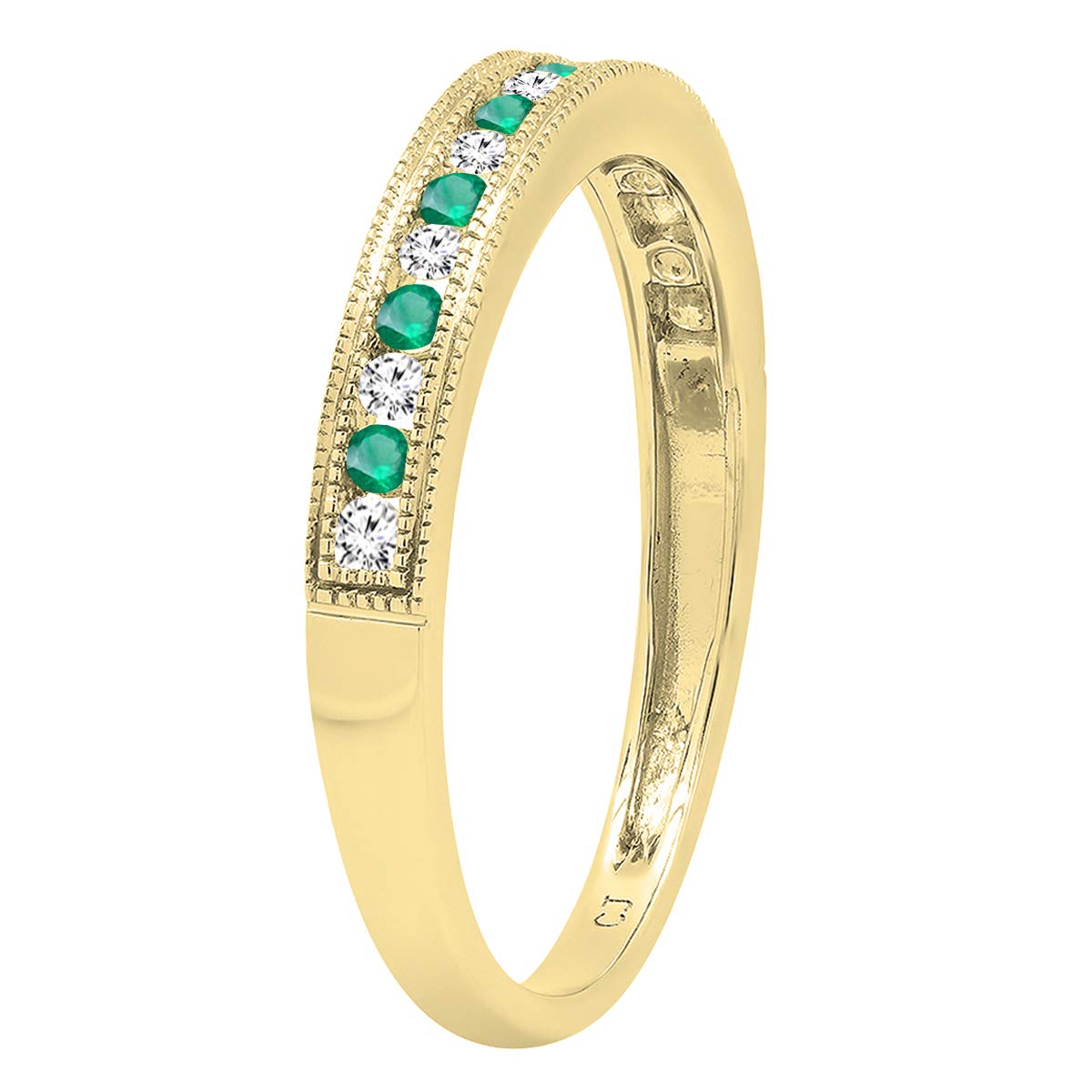 Dazzlingrock Collection Round Emerald & Diamond Ladies Millgrain Anniversary Wedding Stackable Band, 14K Yellow Gold, Size 7