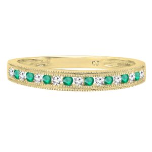 Dazzlingrock Collection Round Emerald & Diamond Ladies Millgrain Anniversary Wedding Stackable Band, 14K Yellow Gold, Size 7