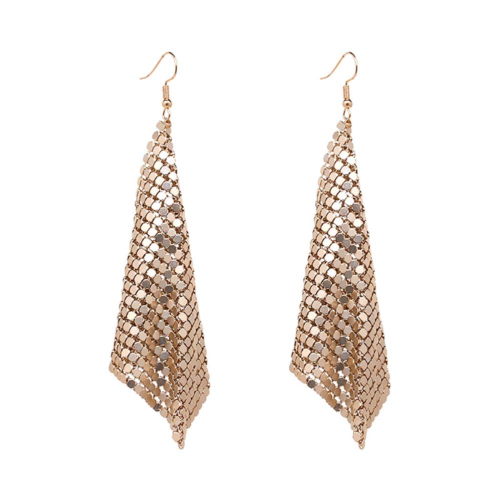 Long Dangle Trendy Women Earrings Trendy Women Metal Mesh Grid Sequins Tassel Long Drop Earring (Gold)