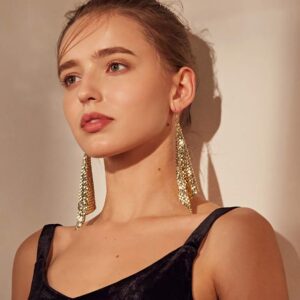 Long Dangle Trendy Women Earrings Trendy Women Metal Mesh Grid Sequins Tassel Long Drop Earring (Gold)