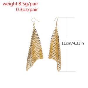 Long Dangle Trendy Women Earrings Trendy Women Metal Mesh Grid Sequins Tassel Long Drop Earring (Gold)