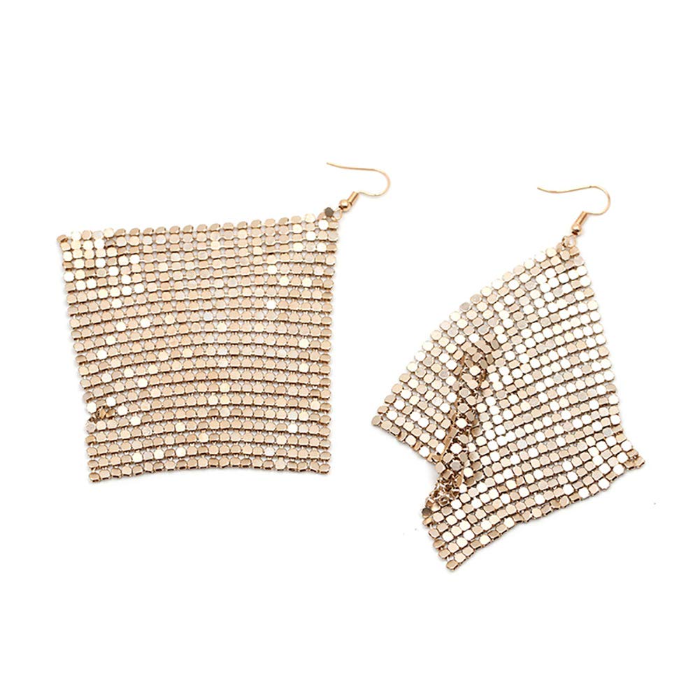 Long Dangle Trendy Women Earrings Trendy Women Metal Mesh Grid Sequins Tassel Long Drop Earring (Gold)