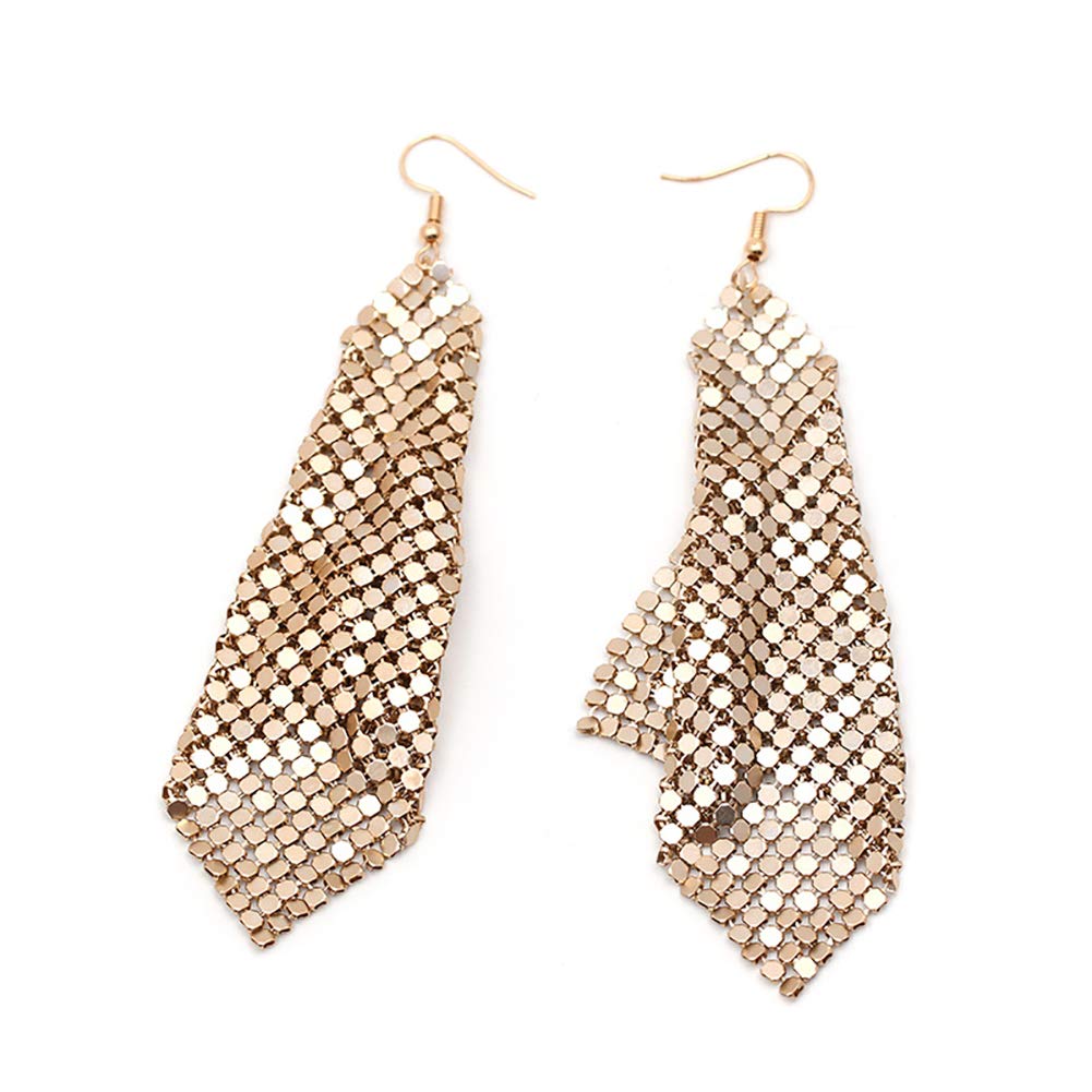 Long Dangle Trendy Women Earrings Trendy Women Metal Mesh Grid Sequins Tassel Long Drop Earring (Gold)