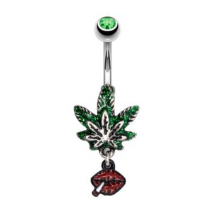 pierce2go weed belly button ring - 316l surgical grade stainless-steel belly button ring with lips smoking weed - marijuana belly button ring with cubic zirconia stone - navel rings for women