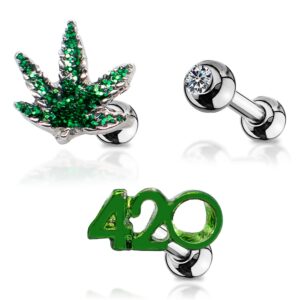 Pierce2GO Stud Earrings Stainless Steel Ear Studs with 4/20 Symbol, Green Pot Leaf – Surgical Steel Earrings Studs for Women and Men – Cartilage Stud Earrings Set of 3