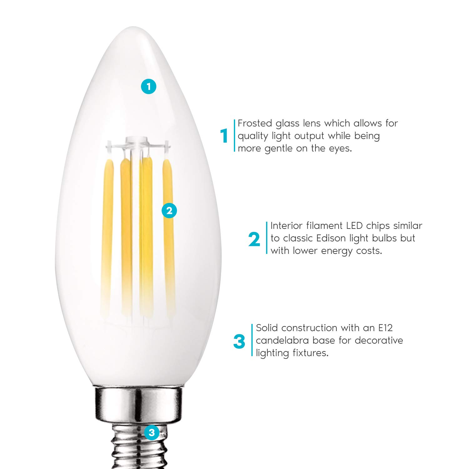 LUXRITE 5W Frosted E12 LED Bulb 60W Equivalent, 2700K Warm White, 450 Lumens, Dimmable Candelabra LED Bulbs, Torpedo Tip Glass, LED Candle Light Bulbs, UL Listed (6 Pack)