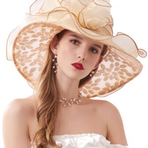 ORIDOOR Women?s Organza Church Kentucky Derby Tea Party Wedding Fascinator Hat UV-Anti Wide Brim Sun Hats, A Gold, One Size