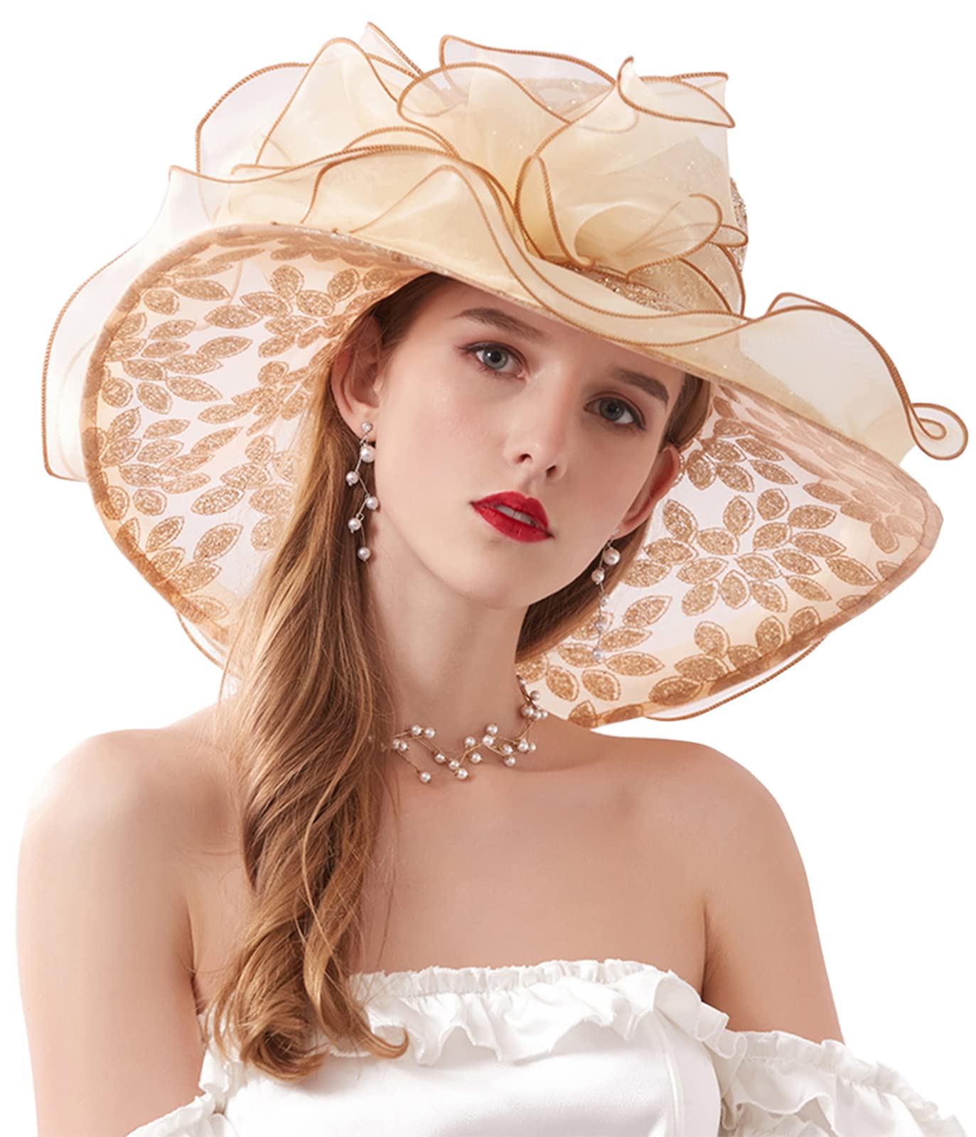 ORIDOOR Women?s Organza Church Kentucky Derby Tea Party Wedding Fascinator Hat UV-Anti Wide Brim Sun Hats, A Gold, One Size