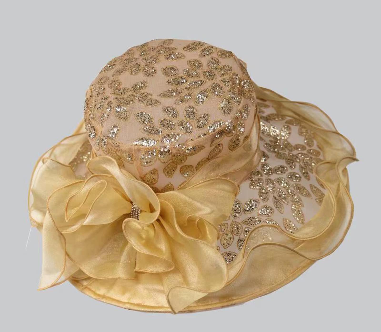 ORIDOOR Women?s Organza Church Kentucky Derby Tea Party Wedding Fascinator Hat UV-Anti Wide Brim Sun Hats, A Gold, One Size