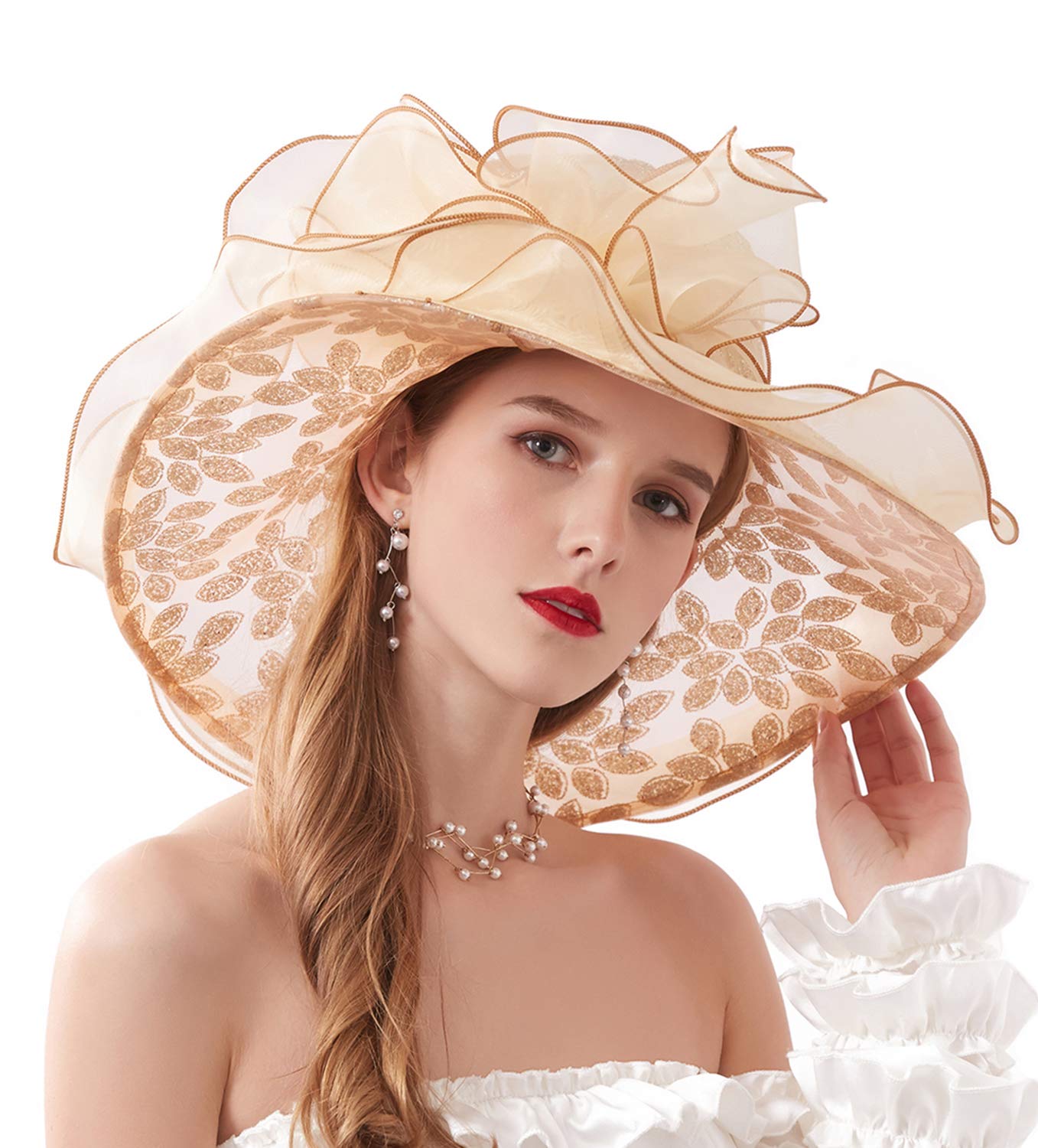 ORIDOOR Women?s Organza Church Kentucky Derby Tea Party Wedding Fascinator Hat UV-Anti Wide Brim Sun Hats, A Gold, One Size