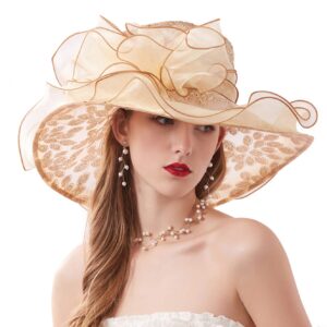 ORIDOOR Women?s Organza Church Kentucky Derby Tea Party Wedding Fascinator Hat UV-Anti Wide Brim Sun Hats, A Gold, One Size