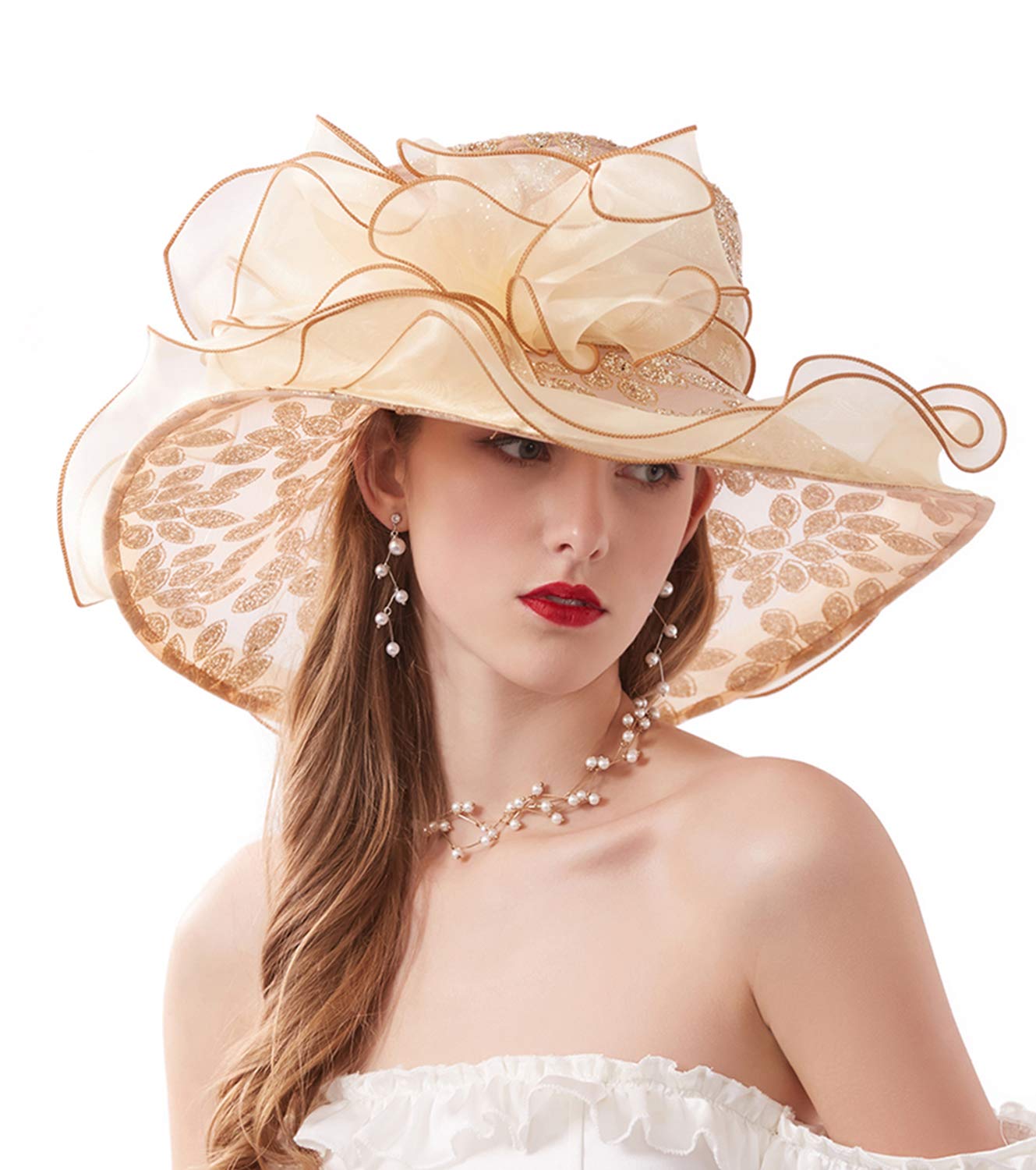 ORIDOOR Women?s Organza Church Kentucky Derby Tea Party Wedding Fascinator Hat UV-Anti Wide Brim Sun Hats, A Gold, One Size