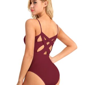 winying Womens Criss Cross Back Built In Shelf Bra Ballet Dance Leotard Gymnastic Bodysuit Dancewear Burgundy X-Large