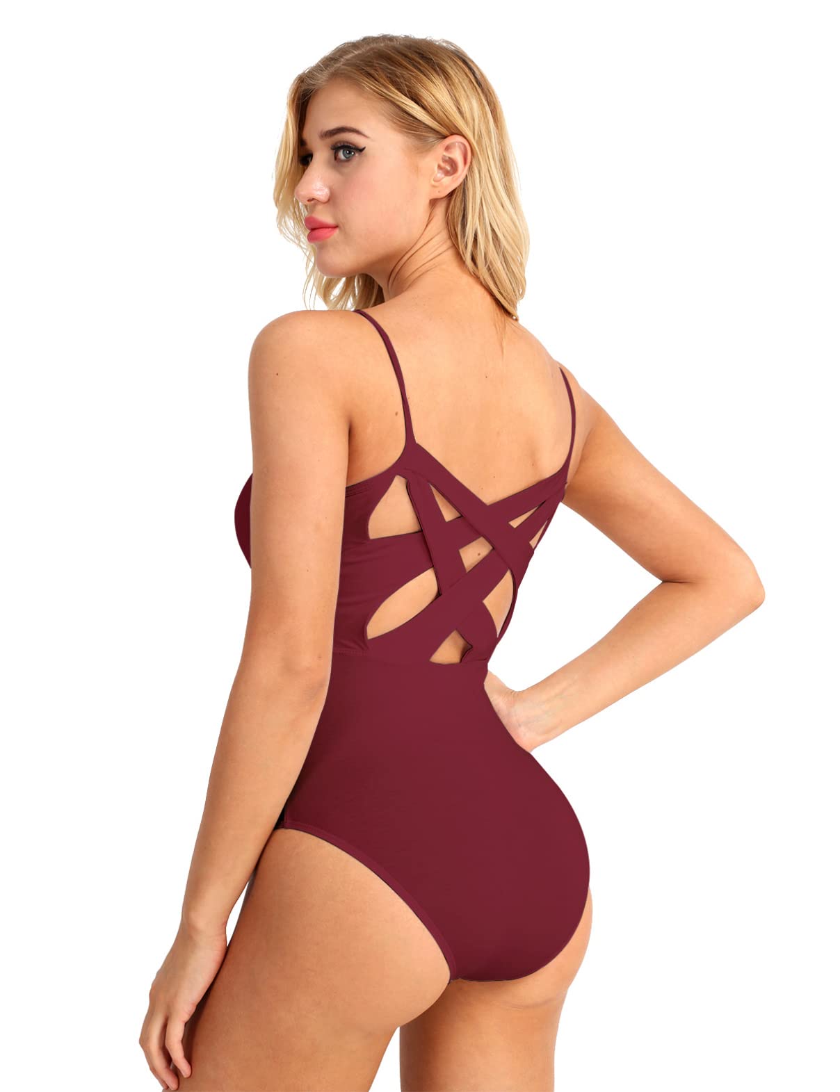 winying Womens Criss Cross Back Built In Shelf Bra Ballet Dance Leotard Gymnastic Bodysuit Dancewear Burgundy X-Large