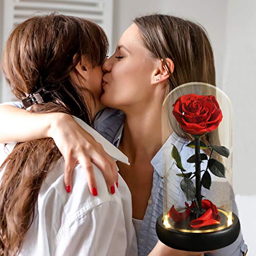 Dream of Flowers Birthday Gifts for Women,Beauty and The Beast Rose, Handmade Preserved Real Rose in Glass Dome on Black Wood with Warm Light, Rose Gifts for Women, Birthday, Anniversary Mothers Day