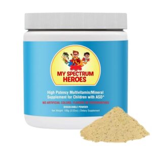 my spectrum heroes kids powder multivitamin - dissolvable powder supplement, better absorption, non-gmo, non-gluten, no artificial ingredients - neural help for children on the spectrum - 122g(4.30oz)