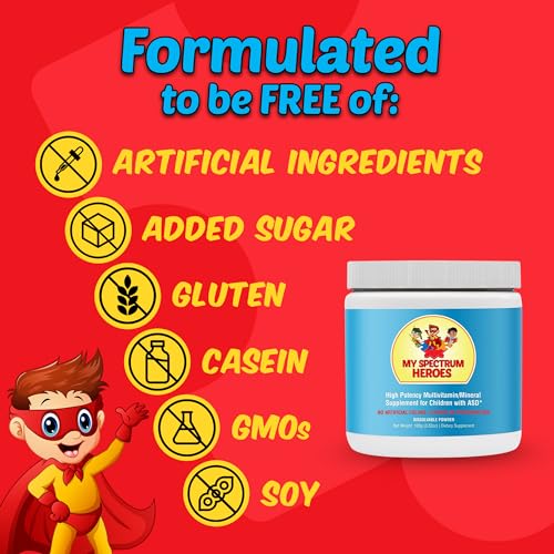 My Spectrum Heroes Kids Powder Multivitamin - Dissolvable Powder Supplement, Better Absorption, Non-GMO, Non-Gluten, No Artificial Ingredients - Neural Help for Children on The Spectrum - 122g(4.30oz)