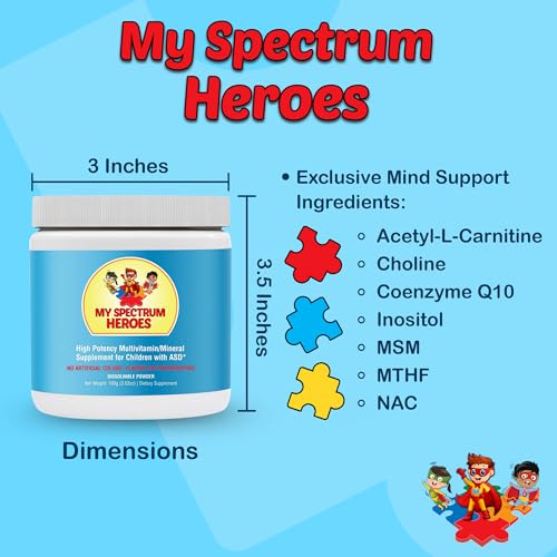 My Spectrum Heroes Kids Powder Multivitamin - Dissolvable Powder Supplement, Better Absorption, Non-GMO, Non-Gluten, No Artificial Ingredients - Neural Help for Children on The Spectrum - 122g(4.30oz)