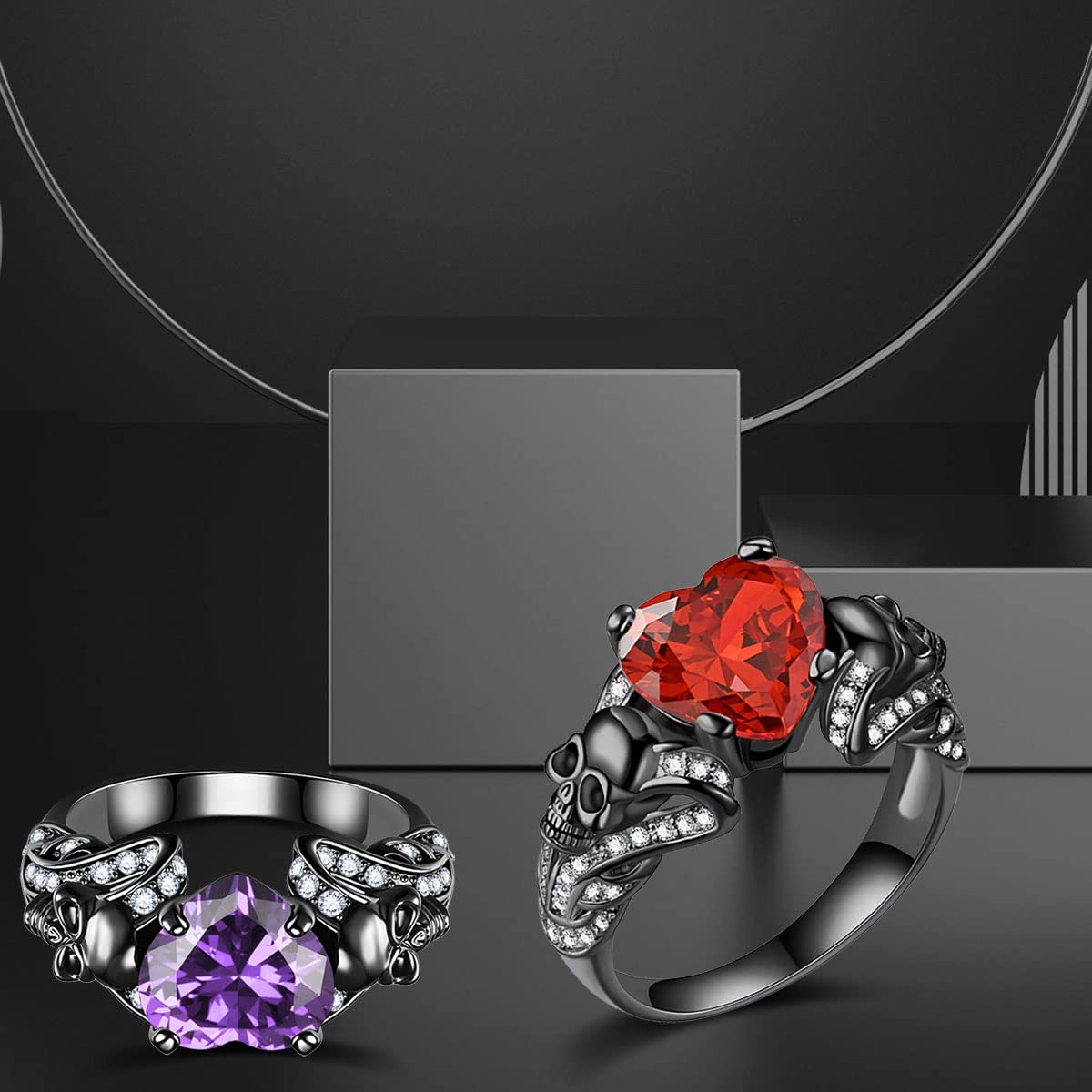 Gothic Jewelry Purple Red Black Crystal Unique Black Skull Rings for Women Halloween Christmas Gifts (Purple, 7)