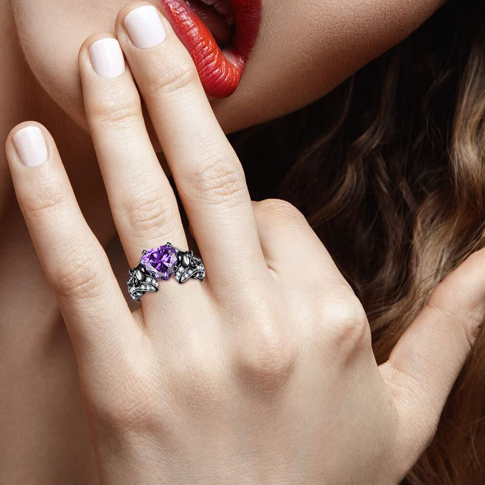 Gothic Jewelry Purple Red Black Crystal Unique Black Skull Rings for Women Halloween Christmas Gifts (Purple, 7)