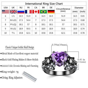 Gothic Jewelry Purple Red Black Crystal Unique Black Skull Rings for Women Halloween Christmas Gifts (Purple, 7)