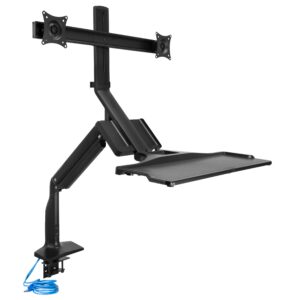 mount-it! dual monitor sit stand workstation with gas spring arm | height adjustable standing desk converter | 2 integrated usb 3.0 ports | vesa 75 100 | c-clamp and grommet base