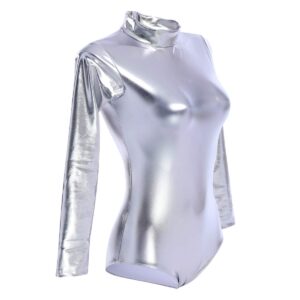 odizli women shiny metallic long sleeve leotard mock turtleneck one piece bodysuit for gymnastics ballet dance silver, 2xl