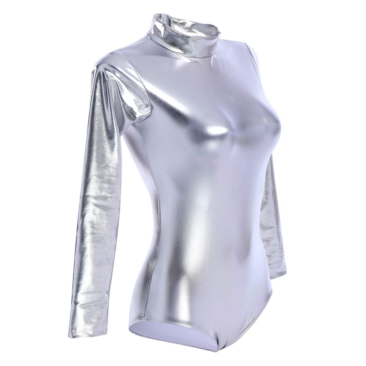 ODIZLI Women Shiny Metallic Long Sleeve Leotard Mock Turtleneck One Piece Bodysuit for Gymnastics Ballet Dance Silver, 2XL