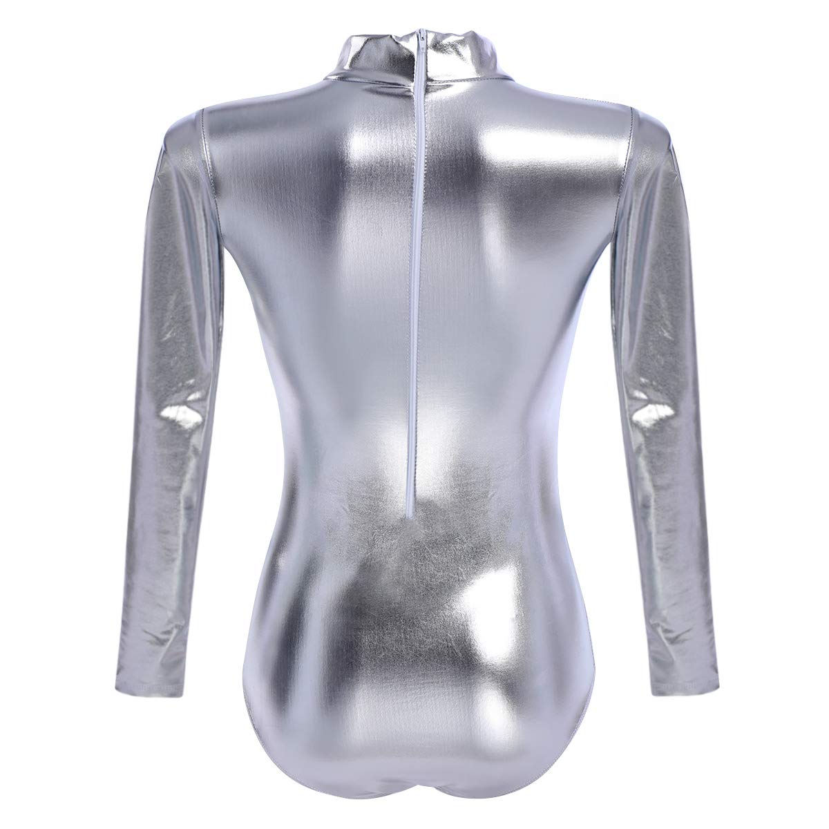 ODIZLI Women Shiny Metallic Long Sleeve Leotard Mock Turtleneck One Piece Bodysuit for Gymnastics Ballet Dance Silver, 2XL