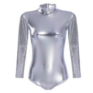 ODIZLI Women Shiny Metallic Long Sleeve Leotard Mock Turtleneck One Piece Bodysuit for Gymnastics Ballet Dance Silver, 2XL