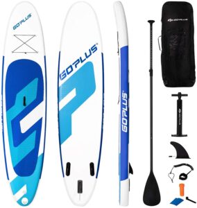 goplus inflatable stand up paddle board, 6” thick sup with accessory pack, adjustable paddle, carry bag, bottom fin, hand pump, non-slip deck, leash, repair kit (blue, 10ft)